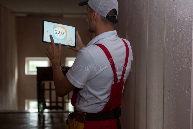 Smart Home and Technology Concept - Close Up of Male Hands Pointing ...