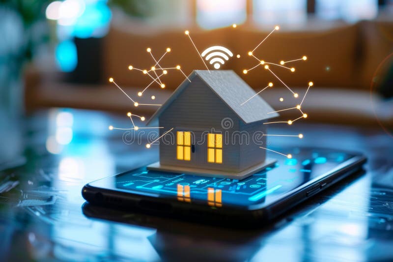 Smart Home Technology Concept House on Phone Screen with Wireless ...