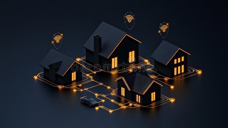 Smart Home Technology Concept with Multiple Houses Connected by ...