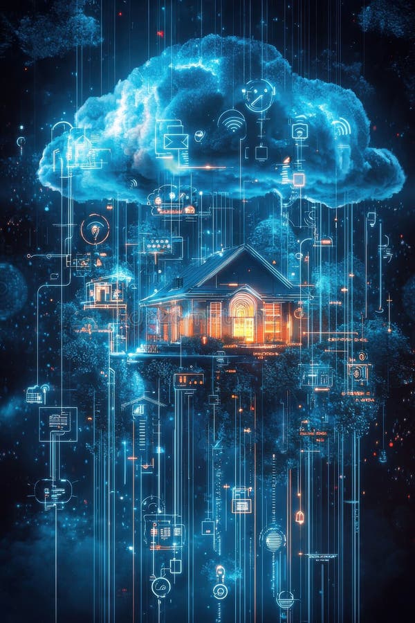 Smart Home Technology Depicted with Digital Art and Cloud Computing ...