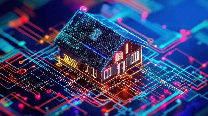 Smart Home Technology Digital House with Glowing Circuits and 5G ...