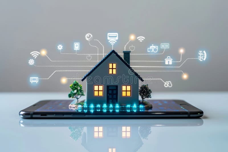 Smart Home Technology. House on Phone Screen with Wireless Connections ...