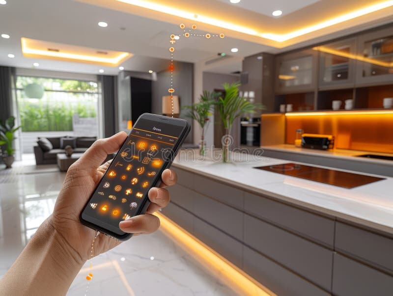 Smart Home Technology. Human Hand is Holding Smart Phone with Launched ...