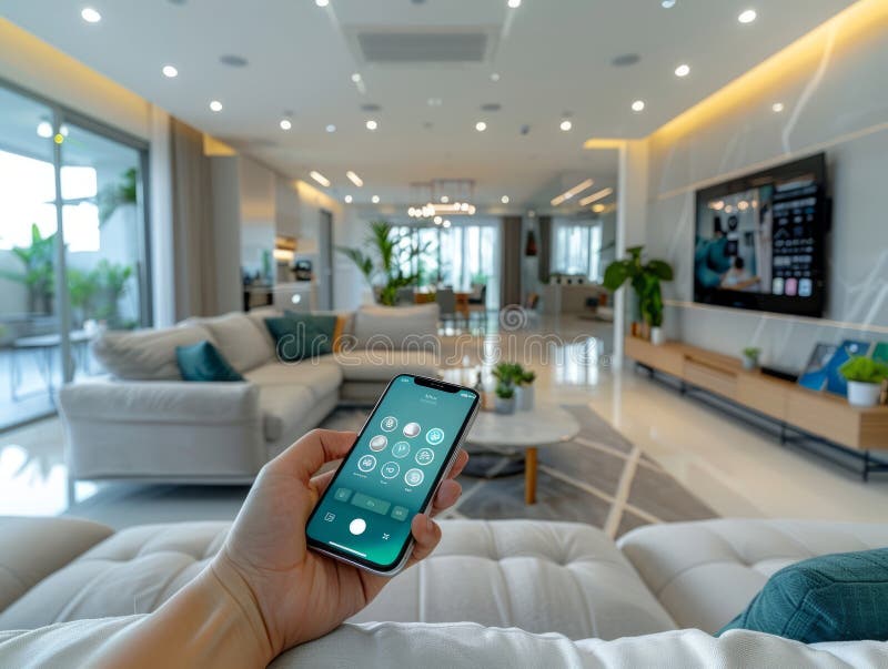 Smart Home Technology. Human Hand is Holding Smart Phone with Launched ...