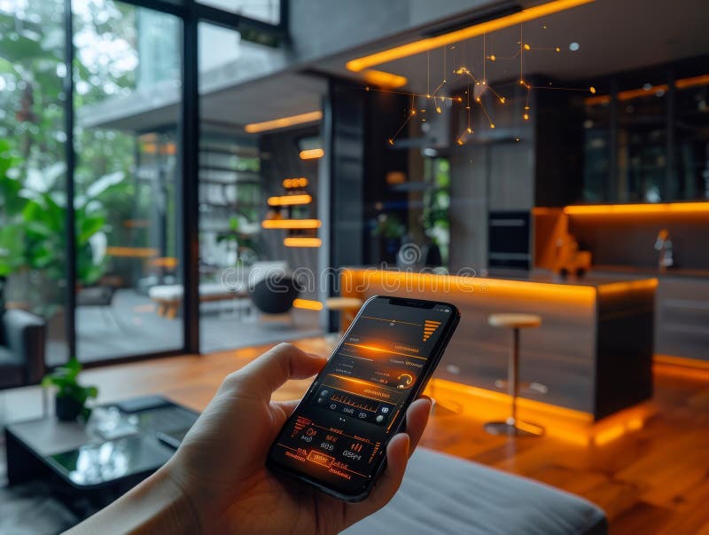 Smart Home Technology. Human Hand is Holding Smart Phone with Launched ...