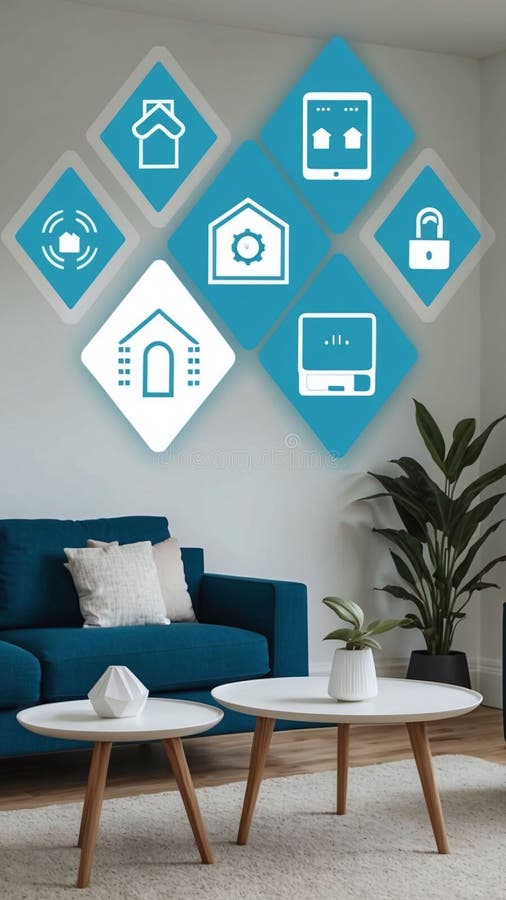 Smart Home Technology Icons in Modern Living Room: Internet of Things ...