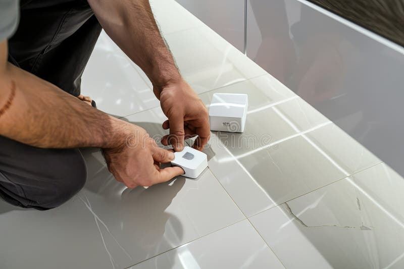 Smart Home Technology Installation with Motion Sensor on Tile Floor ...