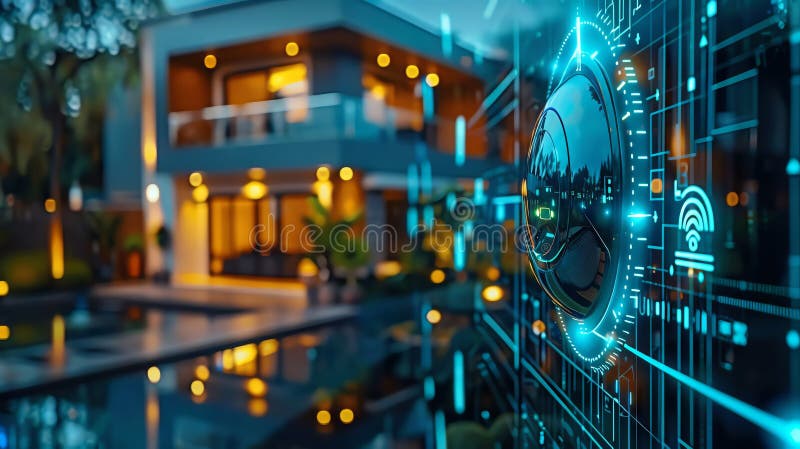 Smart Home Technology Interface Overlay on a Luxury House at Night ...