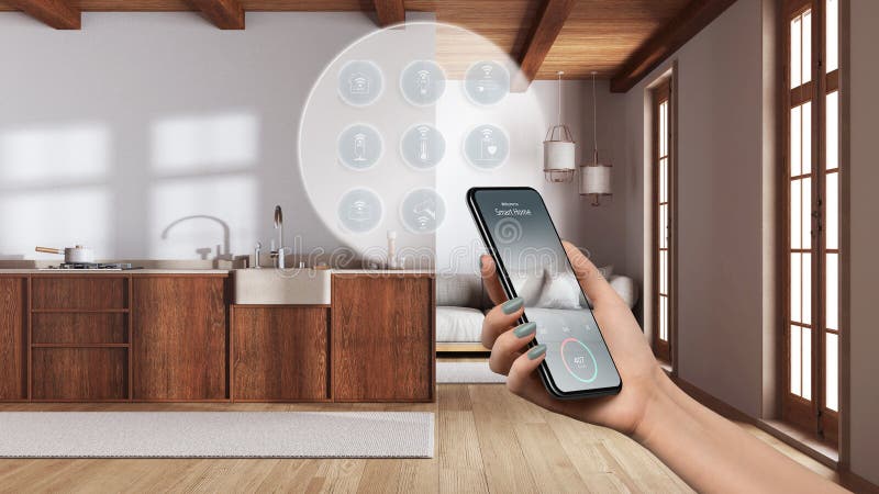 Smart Home Technology Interface on Phone App, Augmented Reality ...