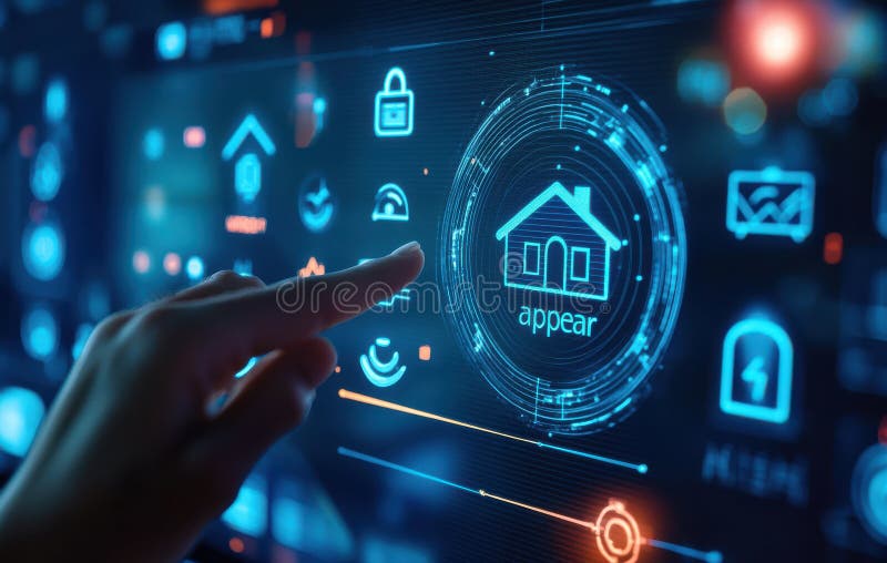 Smart Home Technology Interface Showing Hand Interacting with Virtual ...
