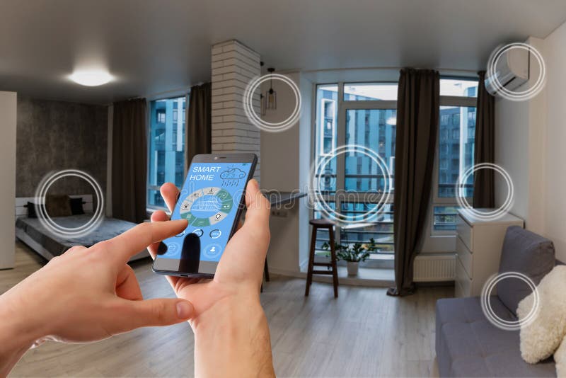 Smart Home Technology Interface on Smartphone App Screen with Augmented ...