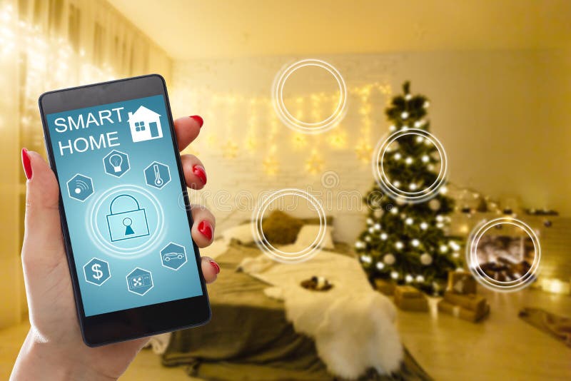 Smart Home Technology Interface on Smartphone App Screen with Augmented ...
