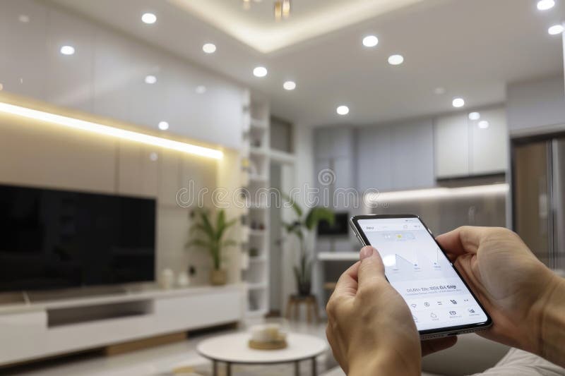 Smart Home Technology Interface on a Smartphone Held in a Modern Living ...