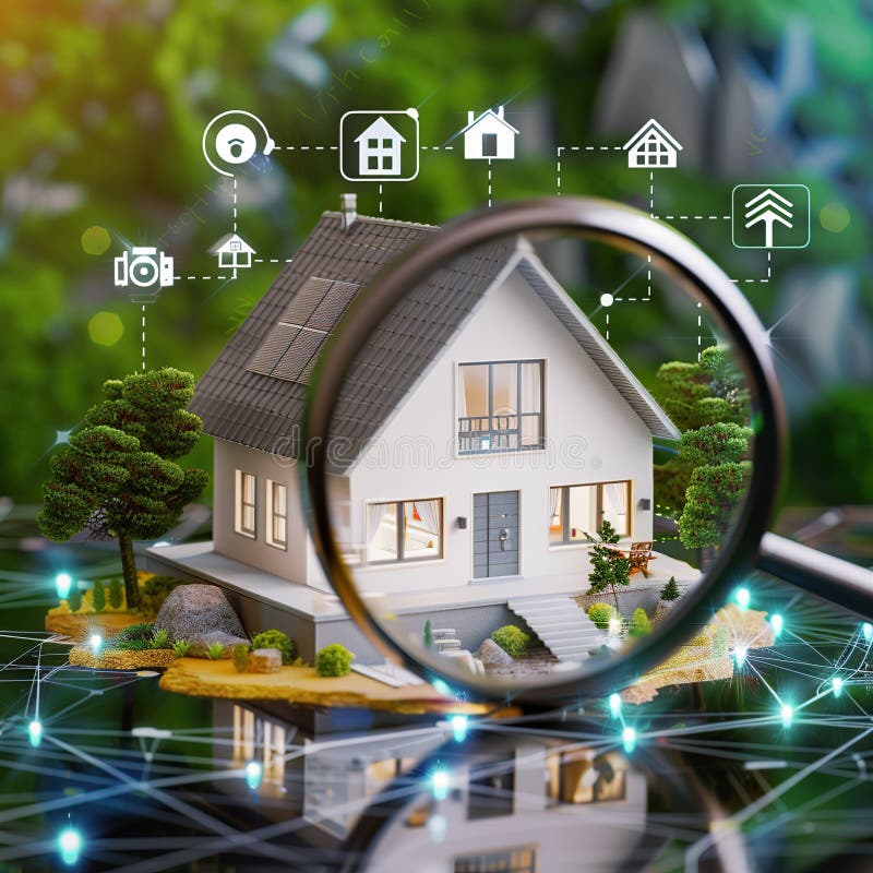 Smart Home Technology, Magnified House Model with Digital Icons Stock ...