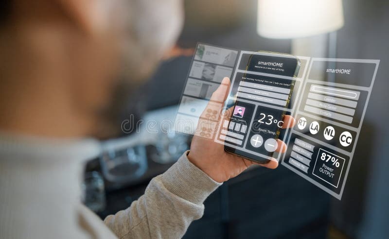 Smart Home Technology, Phone Hologram or Man Programming Air ...