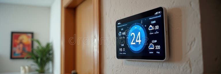 Smart Home Thermostat Display on Wall with Weather Interface Stock ...