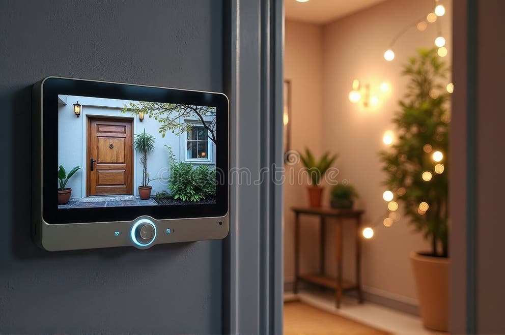 Smart Home Video Intercom Displaying Door View with Interior Lighting Stock Photo - Image of ...