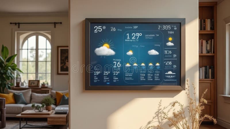 Smart Home Weather Display Screen with Sunny Forecast in Modern Living ...