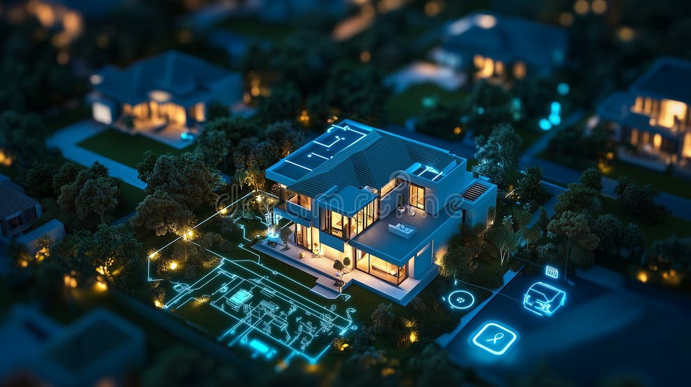 Modern Smart Home Night Aerial View Luxury House Design Plan Real ...