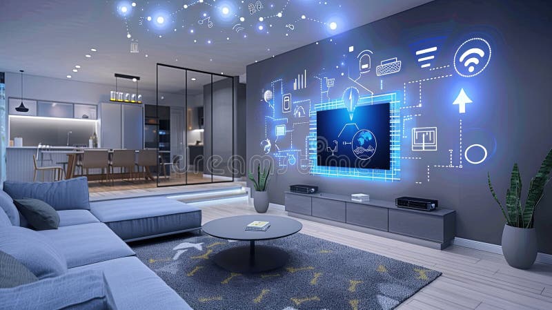 Smart House Device Illustration with App Icons Inside Room Stock ...
