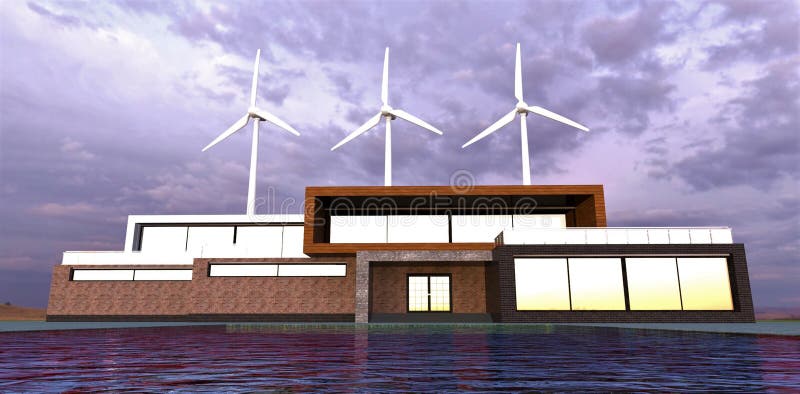 Smart House with a Lake on the Territory of a Wind Farm. Thunderclouds ...