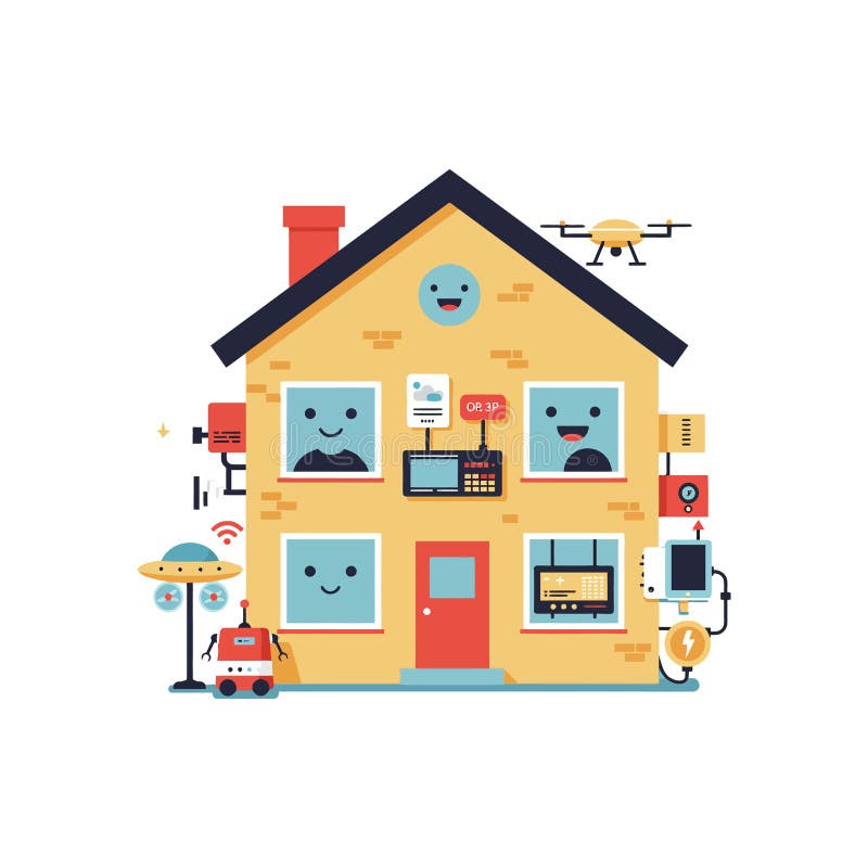 Smart House in a Playful Flat Design Featuring Happy Faces, Gadgets ...