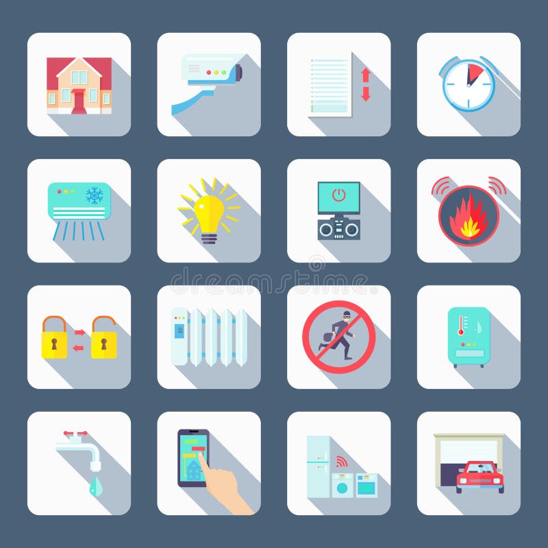 Smart House Square Icons Set Stock Vector - Illustration of energy ...