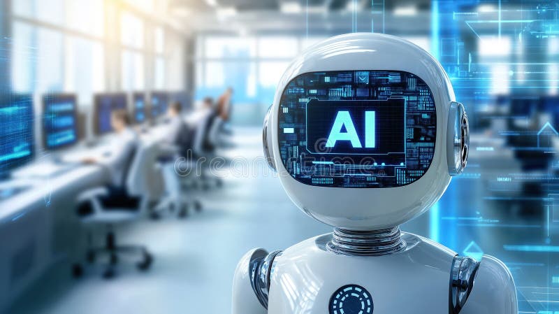 Smart Humanoid Robot Stands on Blurred Modern Office Background, with ...