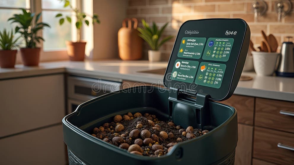 Smart Indoor Compost Bin with Display in Modern Kitchen Setting Stock ...