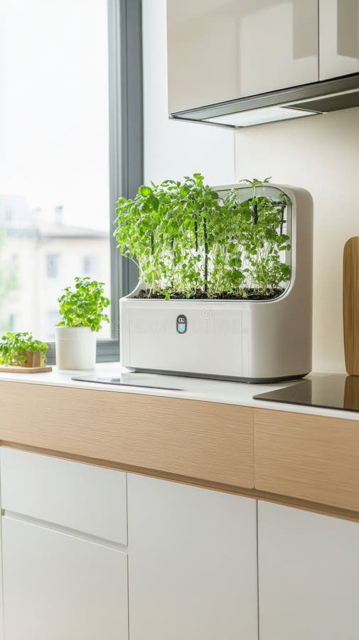 Smart Indoor Garden Growing Herbs in Modern Kitchen Stock Photo - Image ...