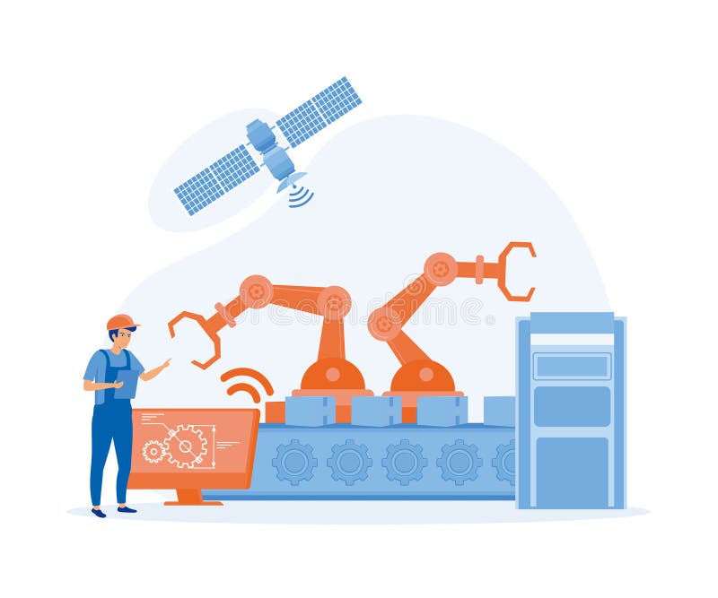 Smart Industrial Revolution, Engineer Working with Interactive Interface, Stock Vector ...