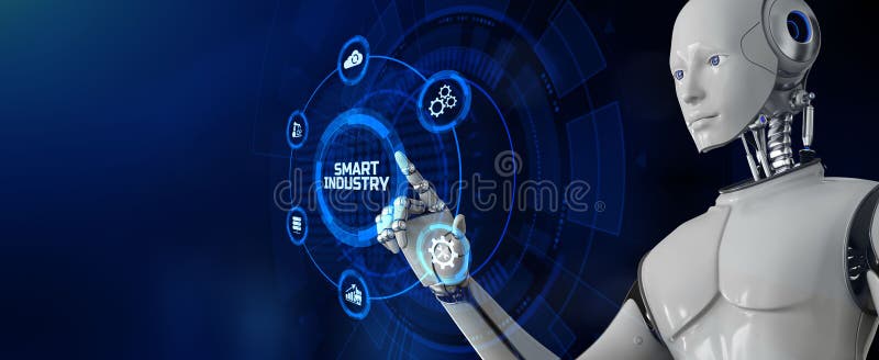 Smart Industry Technology Concept. Robot Pressing Button on Screen 3d ...
