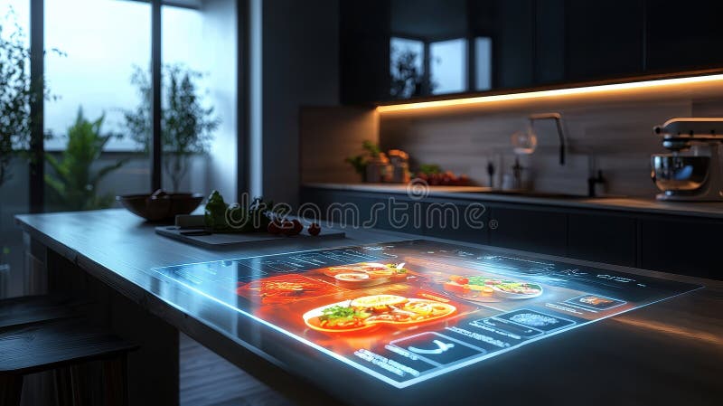 Smart Interactive Kitchen with Holographic Display on Countertop Stock ...