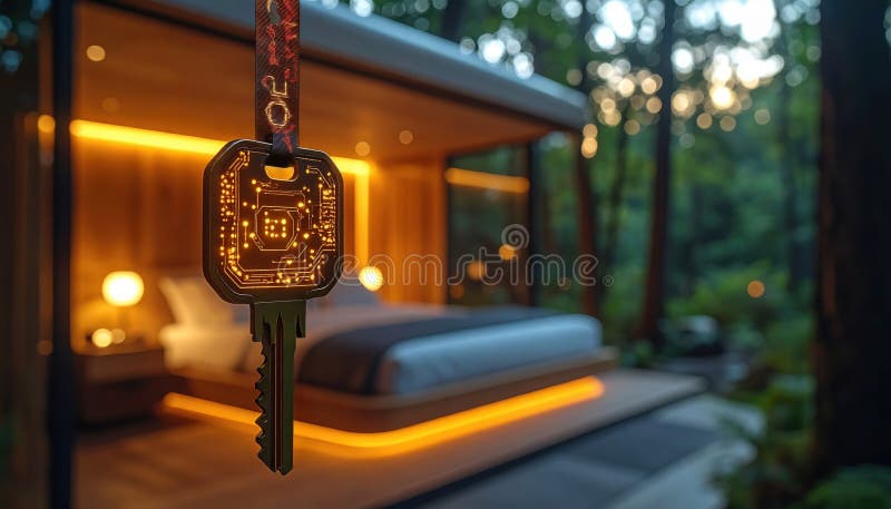 Smart Key with Circuit Design Represents Tech-enhanced Lodging Security in a Modern Forest ...