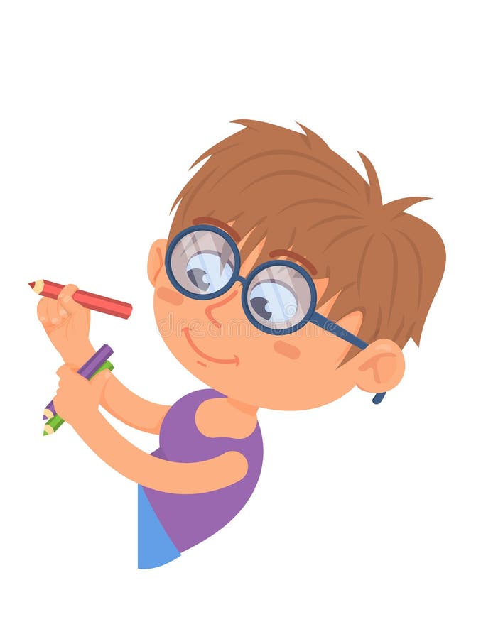 Smart Kid Drawing. Creative Little Boy with Pencils Stock Vector ...