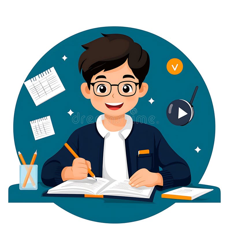 Smart Kid Icon Doing Math Quiz with Audio Help, Focused and Engaged in ...