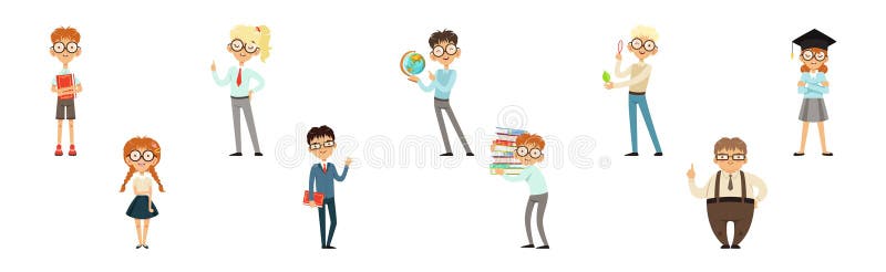 Smart Kid Nerd with Book in Glasses Vector Set Stock Illustration ...