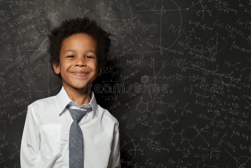 Smart Kid Student Boy on Chalkboard Background with Science Formulas ...