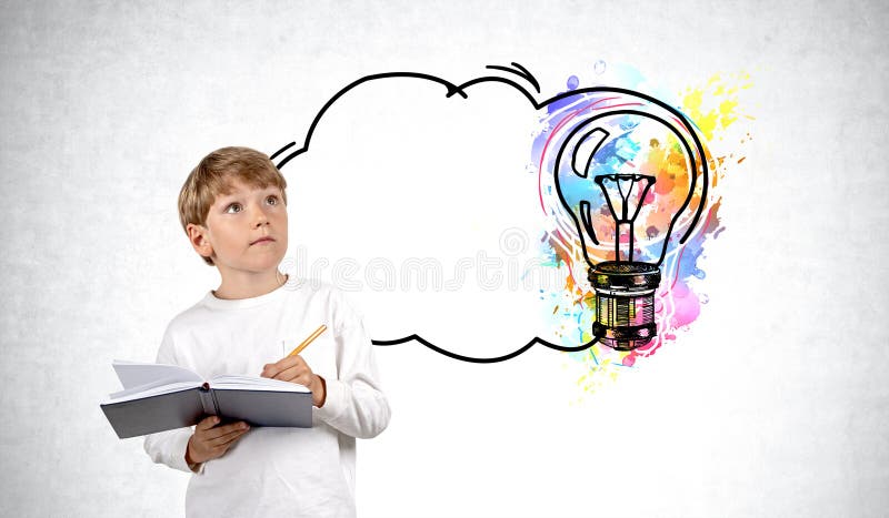 Smart Kid Take Note and Look Up at Colorful Lightbulb with Copy Space ...