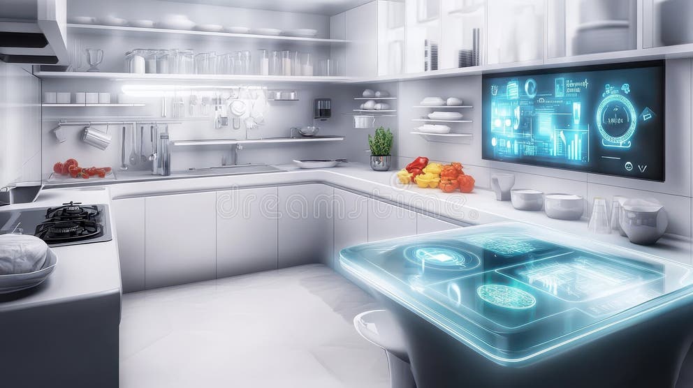 Smart Kitchen with Digital Touchscreen and Interactive Cooking Stock ...