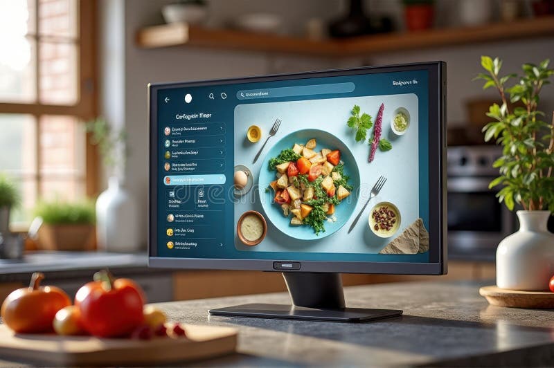 Smart Kitchen Display Showing Digital Recipe for Healthy Vegetable ...