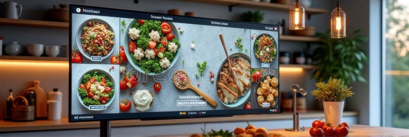 Smart Kitchen Display Showing Healthy Salad and Chicken Recipes in ...