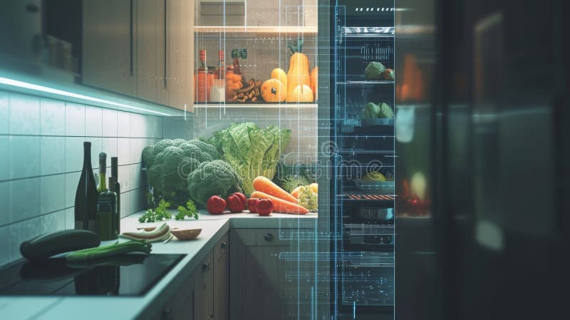 Smart Kitchen with Fresh Vegetables and Open Fridge Stock Image - Image ...