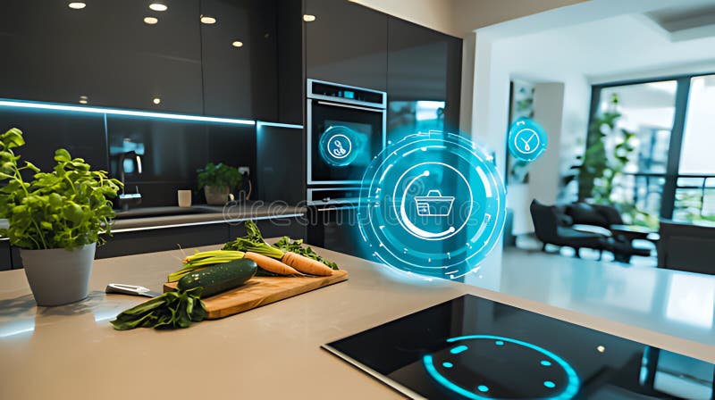 Smart Kitchen with Holographic Interface Showing Grocery List and Timer ...