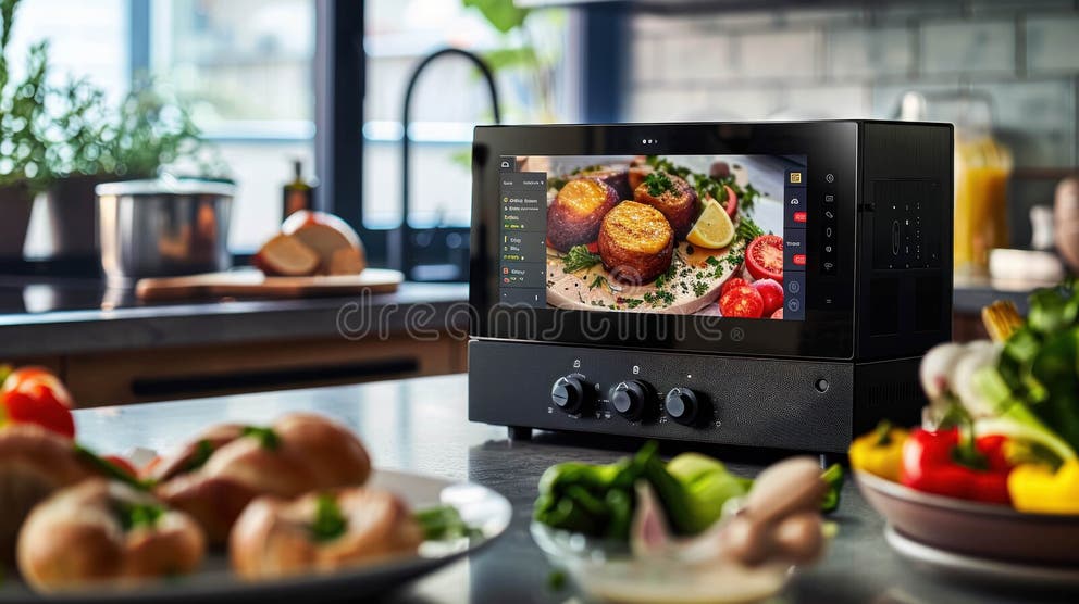 Smart Kitchen with Intelligent Microwave with Screen Stock Illustration ...