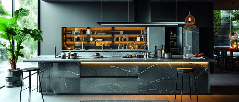 Smart Kitchen with LED-lit Glass Cabinets - AI Generated Stock ...