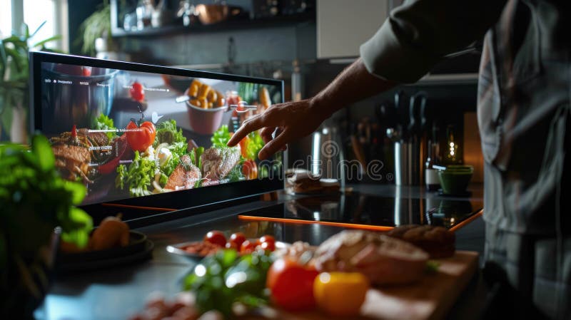 Smart Kitchen with a Man Interacting with a Giant Intelligent Screen ...