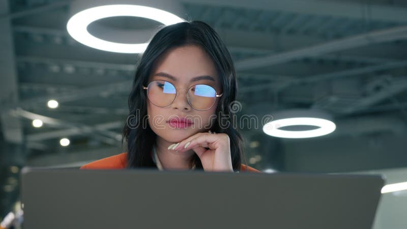 Smiling Korean Lady Boss Working Overtime on Project in Modern Loft ...