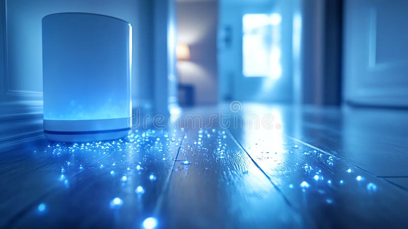 Smart Lamp Emitting Blue Light Across the Floor in a Modern Home Stock ...