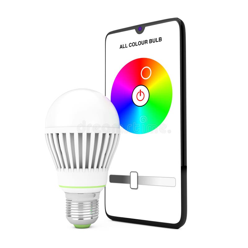 Smart LED Bulb Controlled by Mobile Phone Smartphone. 3d Rendering ...